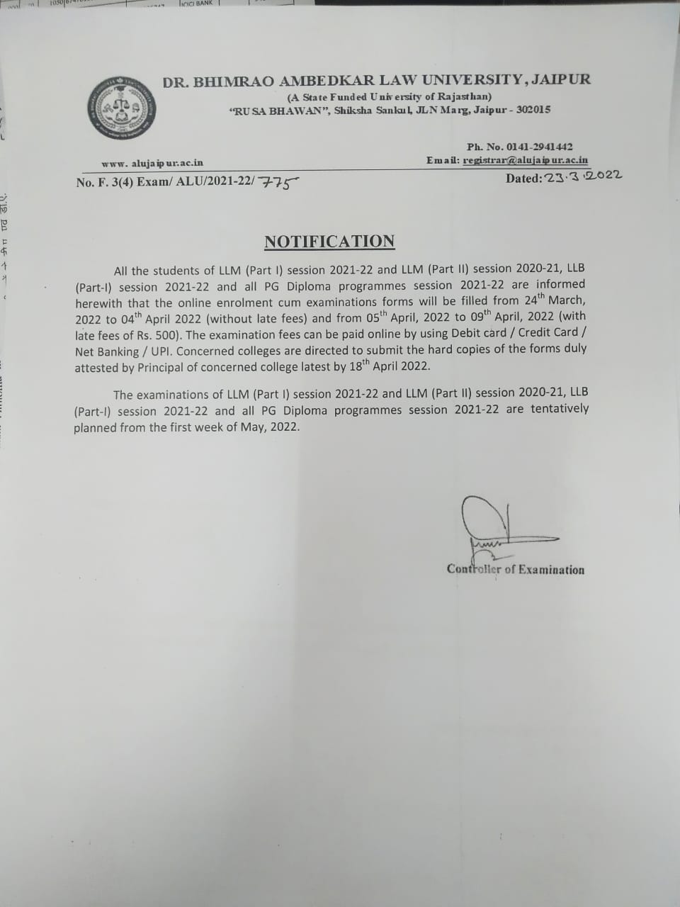 Examination Notifications : Dr. Bhim Rao Ambedkar Law University, Rajasthan