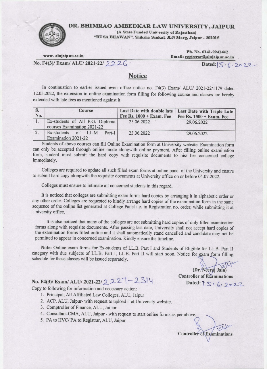 Examination Notifications : Dr. Bhim Rao Ambedkar Law University, Rajasthan