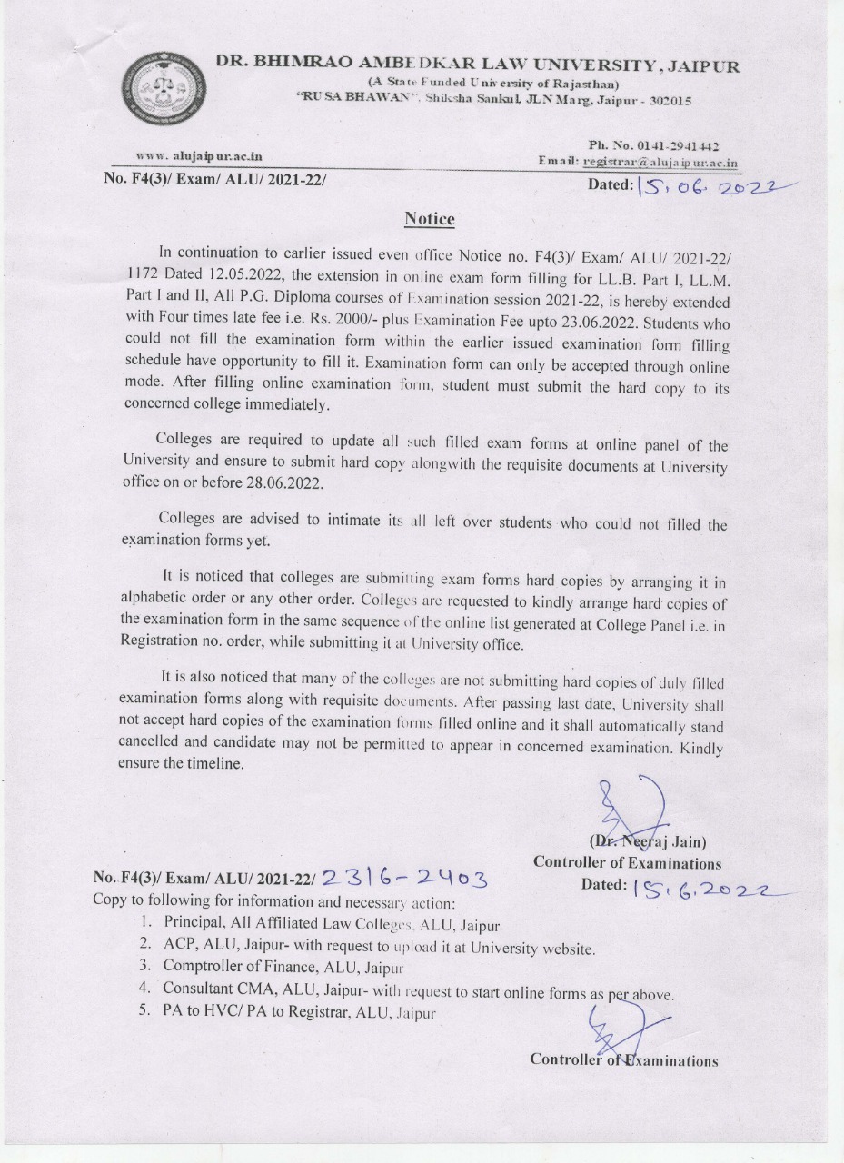 Examination Notifications : Dr. Bhim Rao Ambedkar Law University, Rajasthan