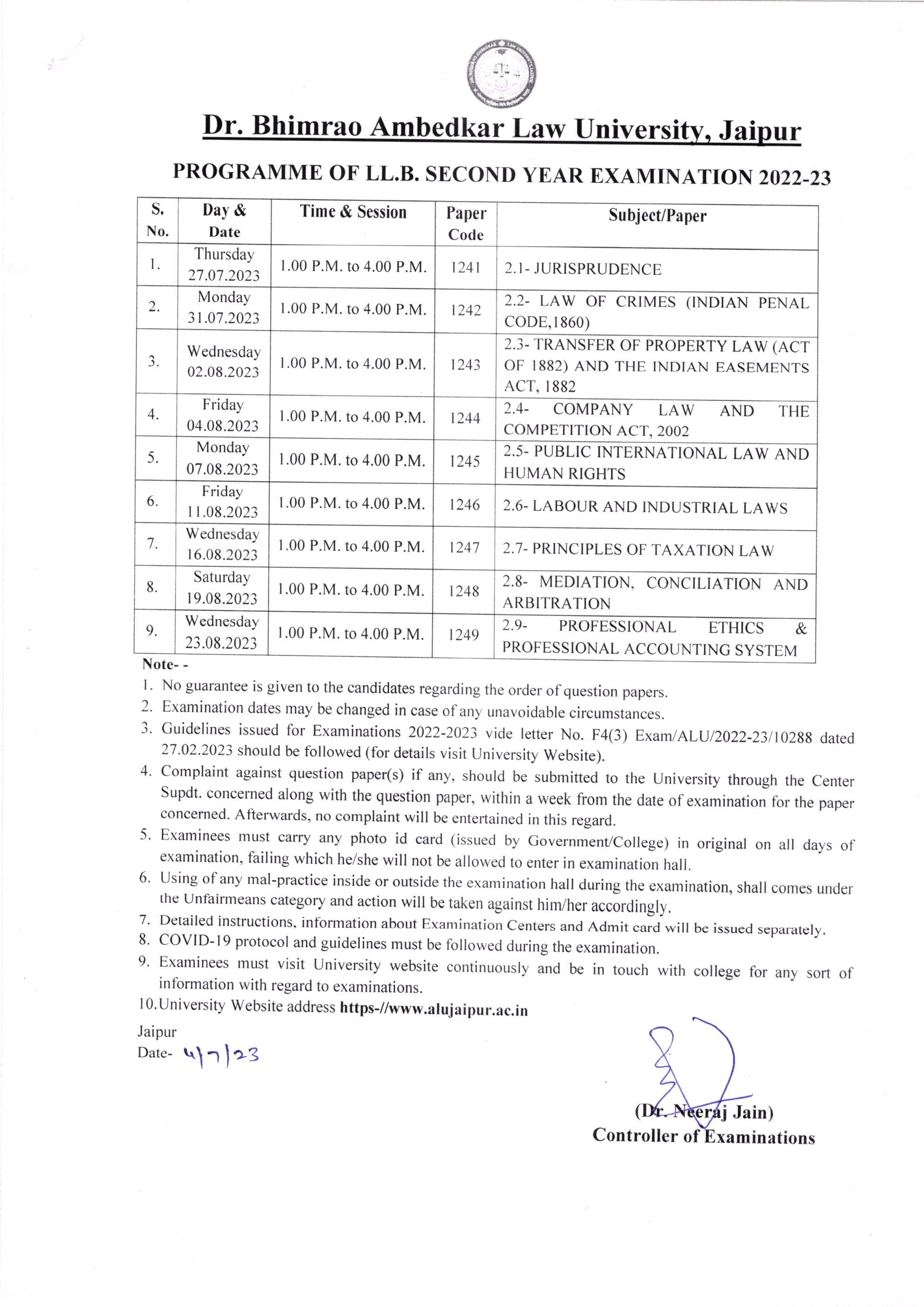 Examination : Dr. Bhim Rao Ambedkar Law University, Rajasthan